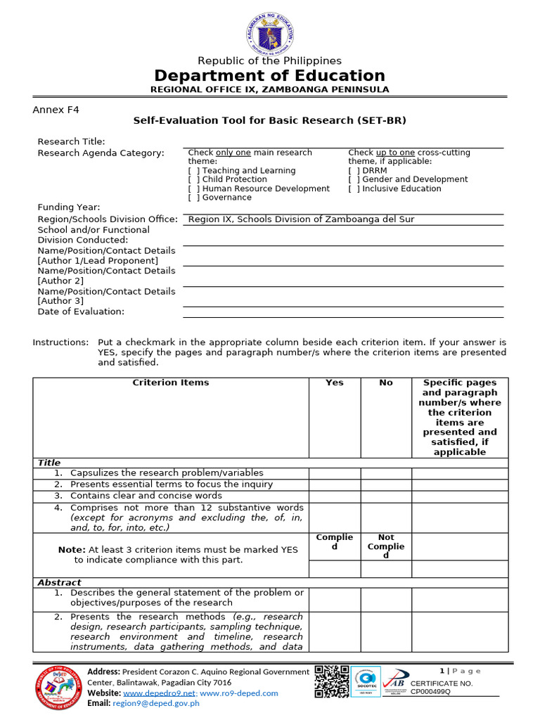 Self Evaluation Tool Completed BR 1 | PDF | Data | Qualitative Research