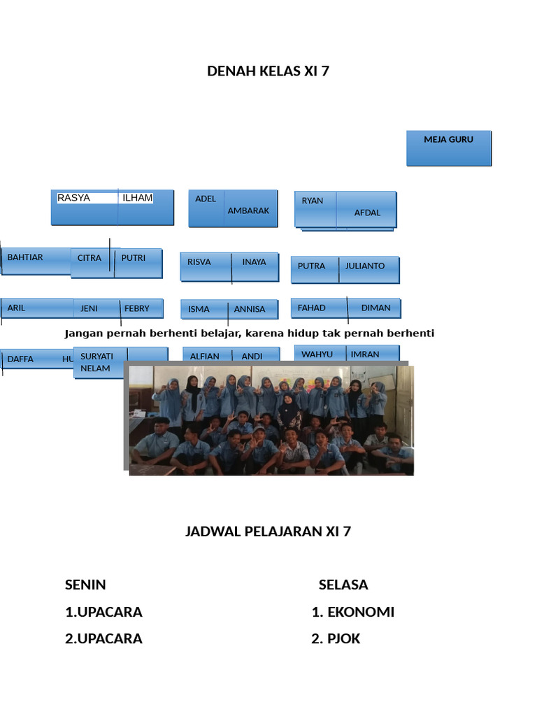 Denah Kelas Dan Jadwal Pelajaran Kls Xi 7 | PDF