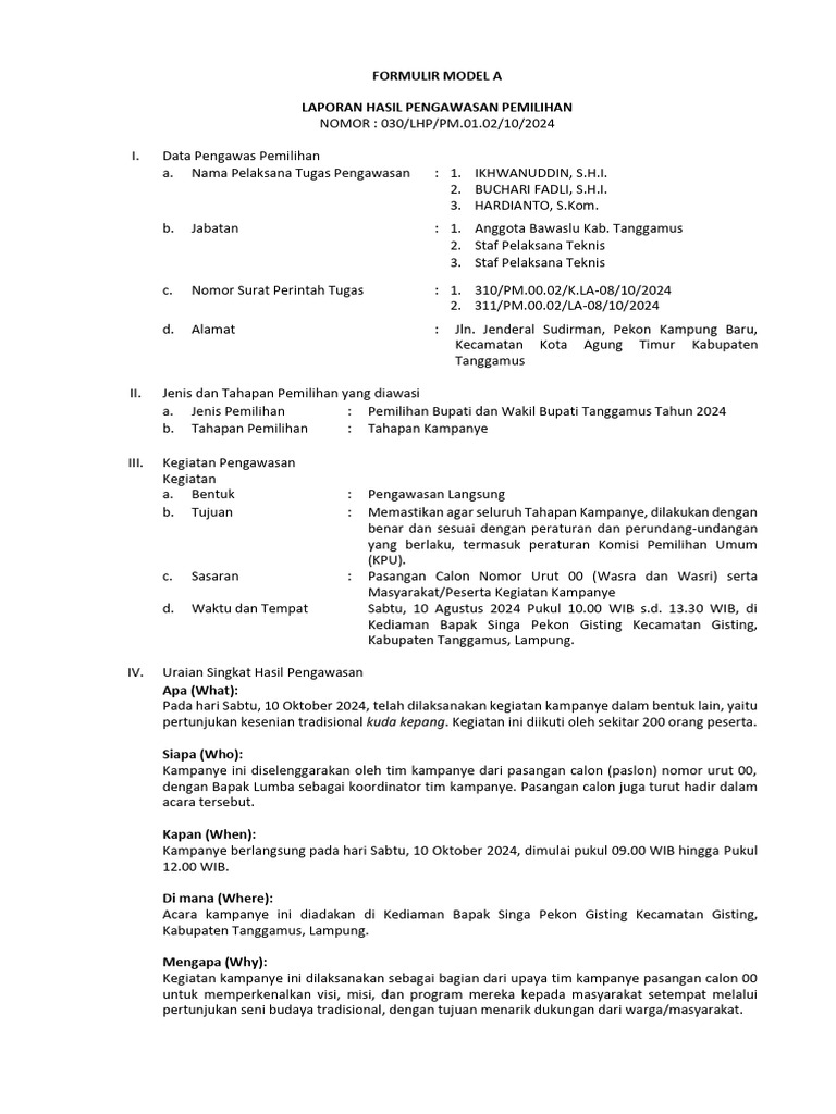 Contoh Pengisian FORM A PILKADA BIASA | PDF