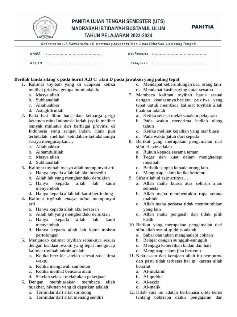 SOAL PTS Akidah Akhlaq kelas 4c | PDF
