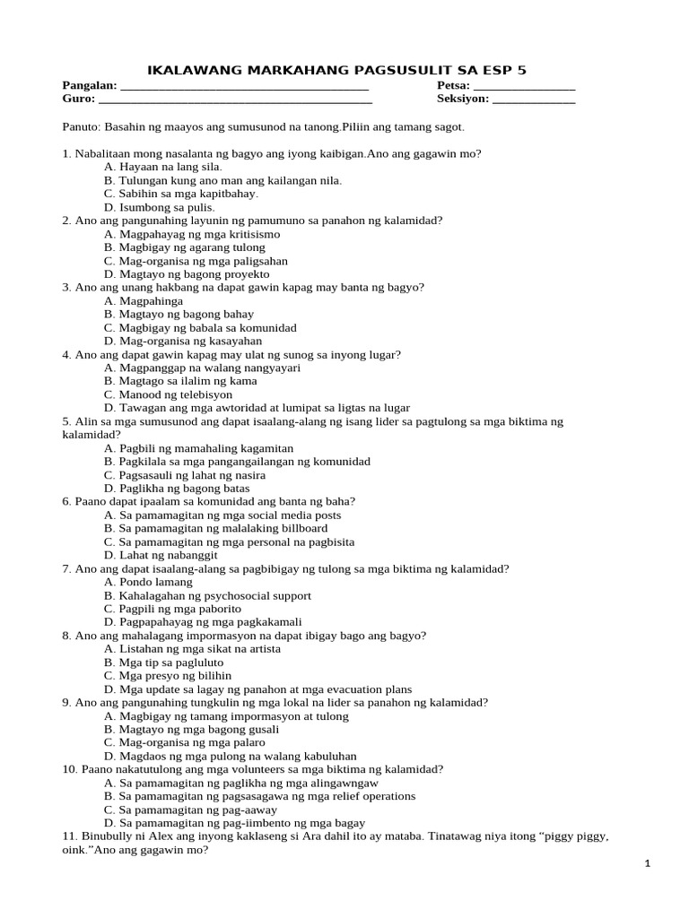 Ikalawang Markahang Pagsusulit Sa Esp 5 | PDF