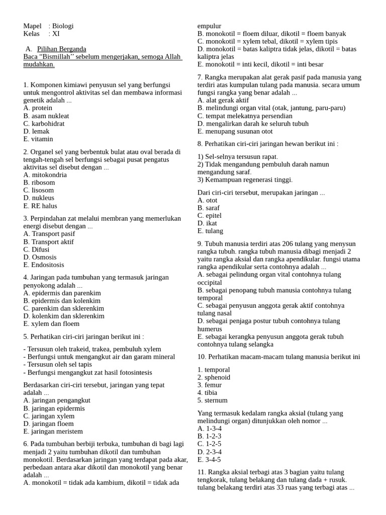 Soal Biologi Kelas XI: Sel, Jaringan, dan Rangka | PDF