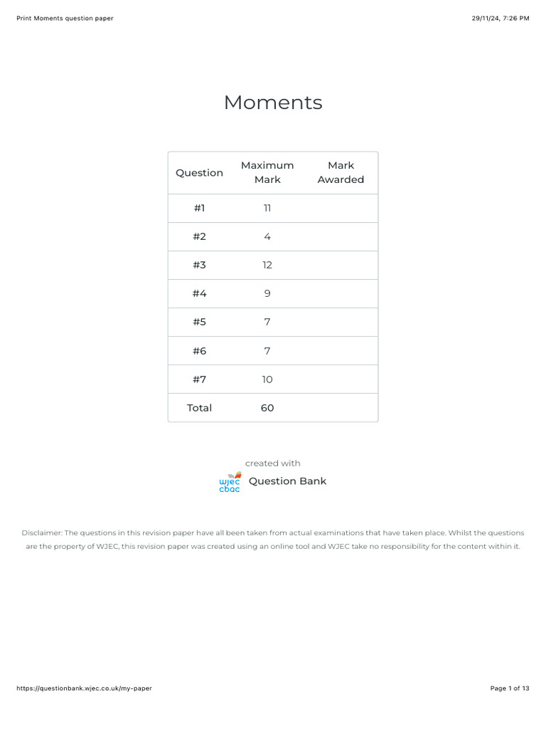 Print Moments Question Paper | PDF