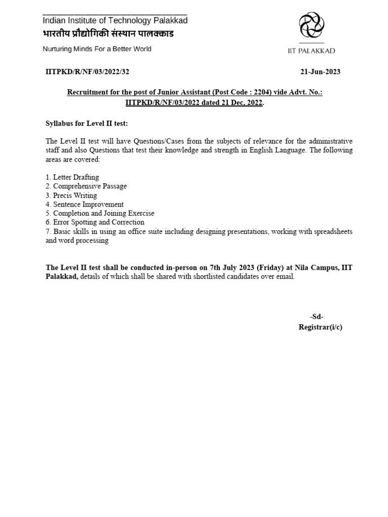 Syllabus For Junior Assistant Level II | PDF
