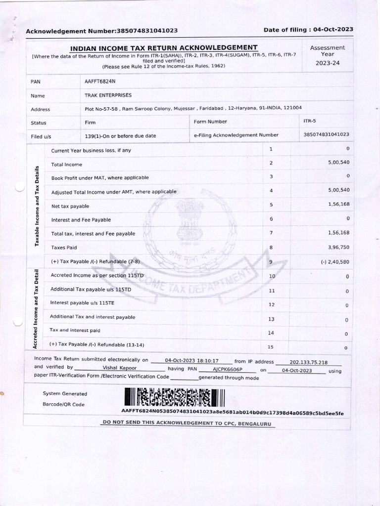 Trak ITR 2023-2024 | PDF