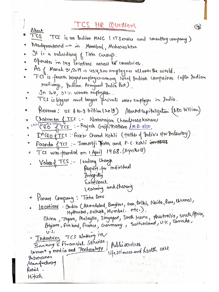 TCS - XYZ Company HR Interview Handwritten Notes | PDF