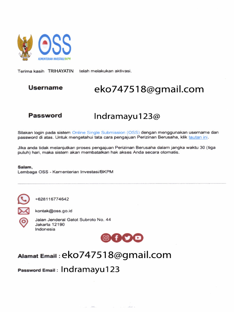 Nib Gmail Dan Akun Oss Trihayatin | PDF