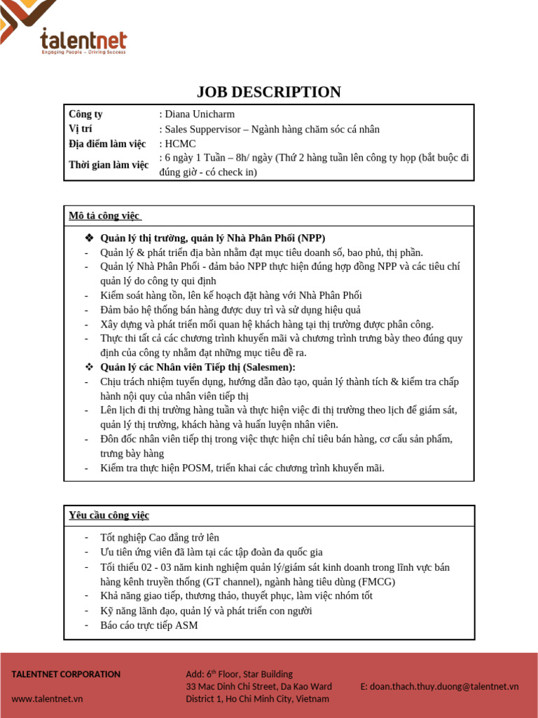 JD - Sales Supervisor - GT - HCM (1) | PDF