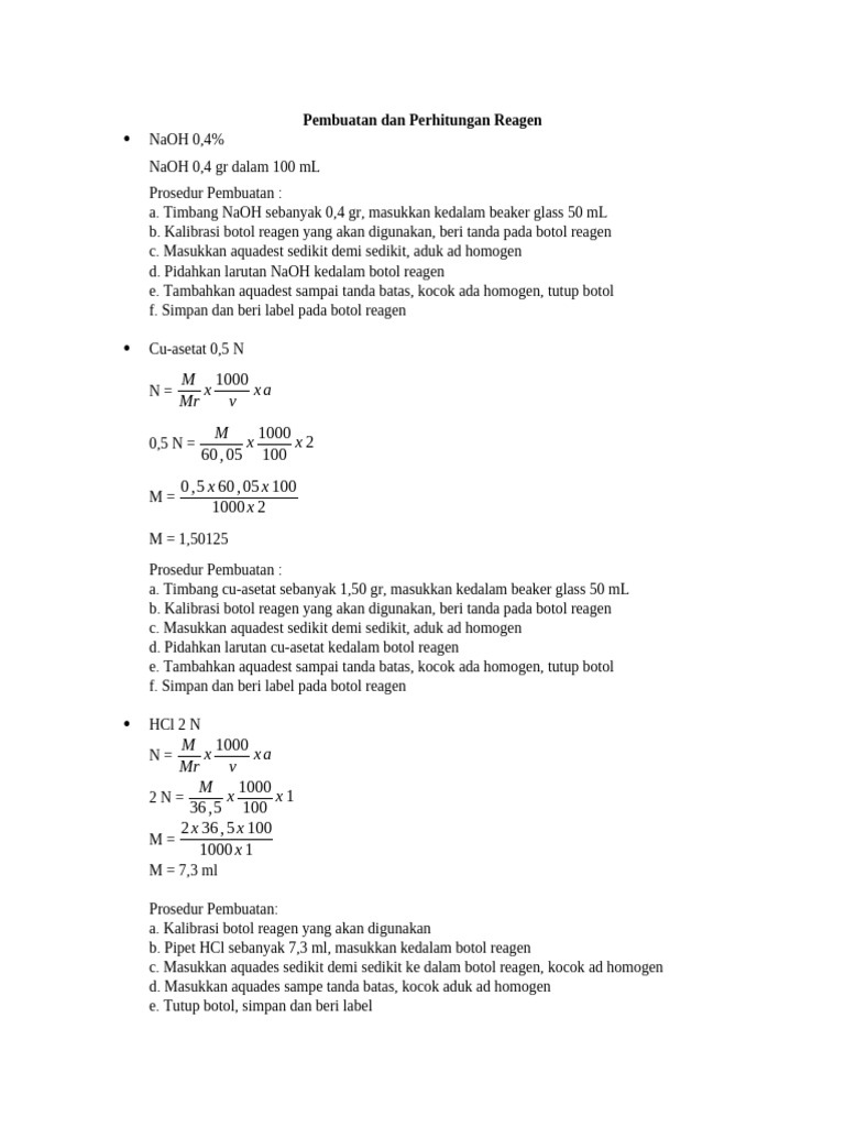 Pembuatan Dan Perhitungan Reagen | PDF