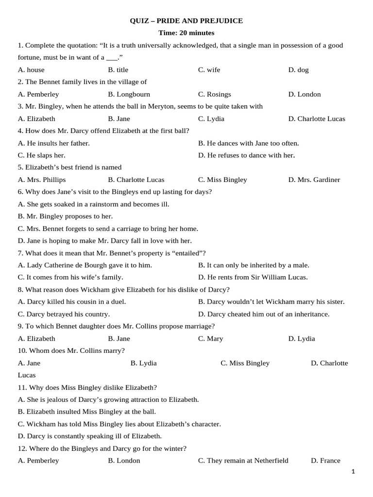 Pride & Prejudice Quiz | PDF | Mr. Darcy | Pride And Prejudice
