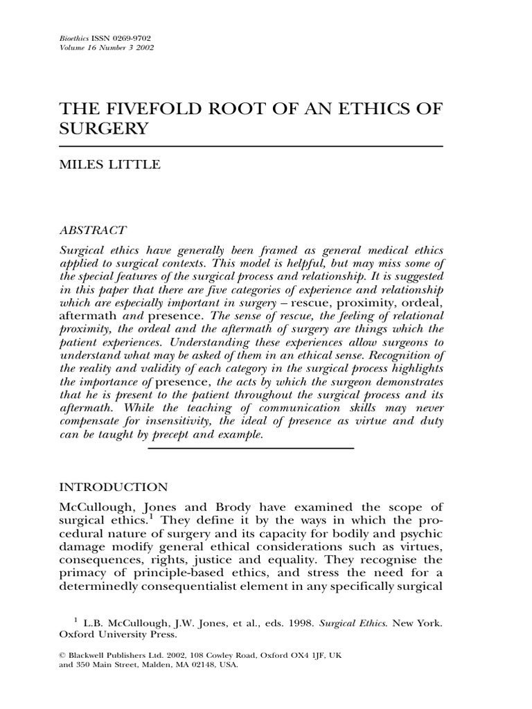 The Fivefold Root of An Ethics of Surgery | PDF | Surgery | Bioethics