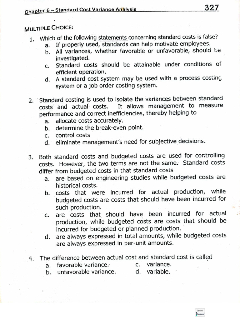 Sba - Standard Cost Variance Analysis - Questionnaire With Answers ...