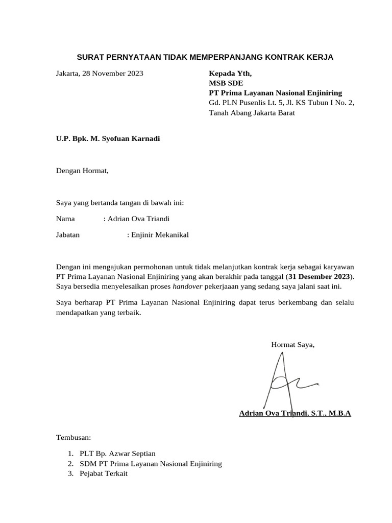 Surat Tidak Perpanjang Kontrak PLNE - Adrian Ova Triandi | PDF