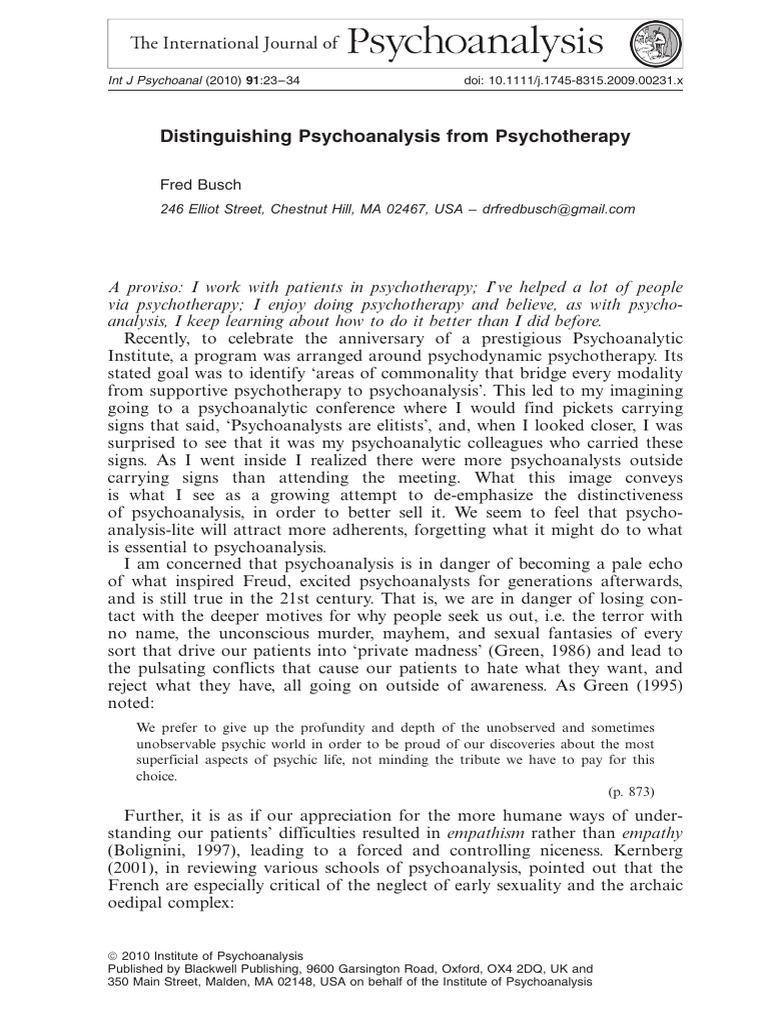 Distinguishing Psychoanalysis From Psychotherapy The International | PDF | Psychoanalysis ...