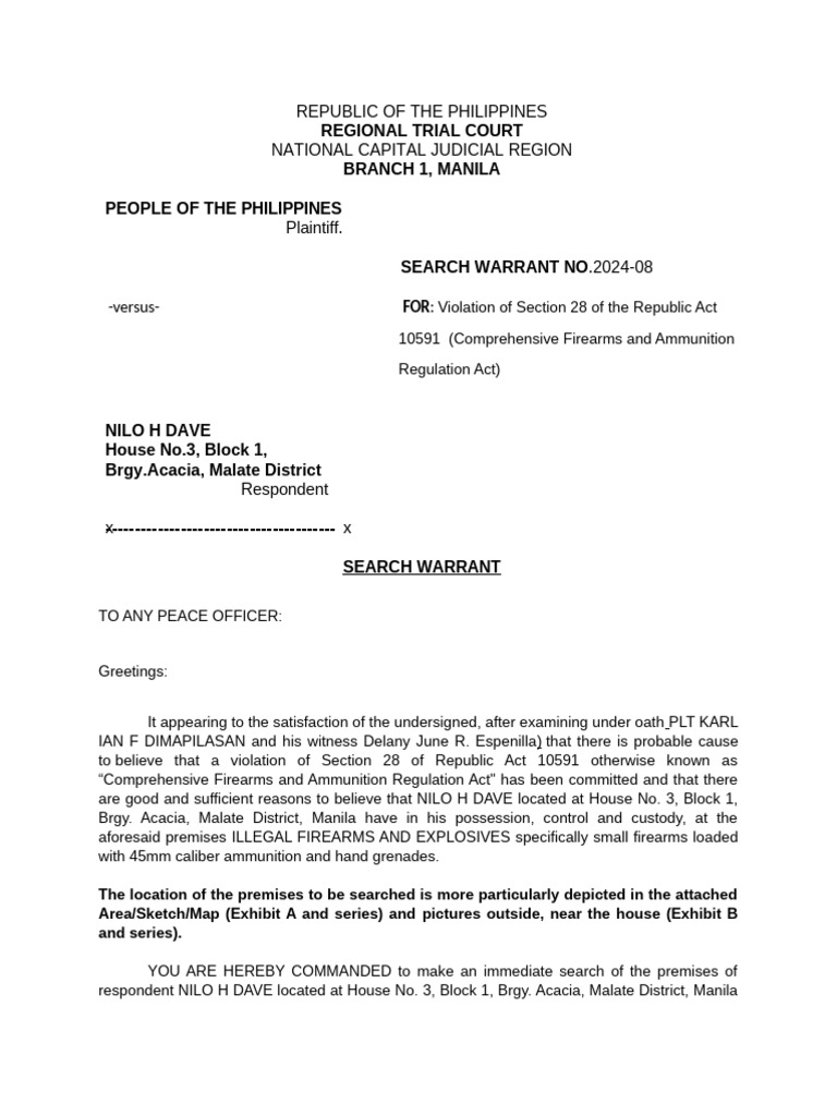 Search Warrant Explosives and Guns Example | PDF | Search Warrant ...