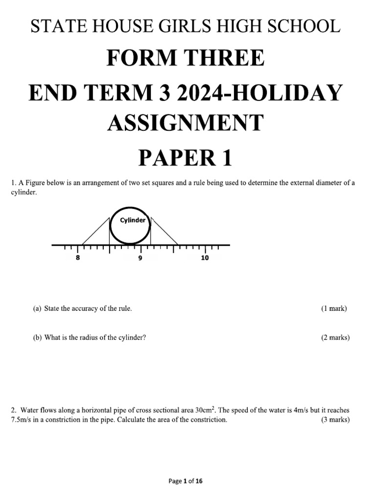 Form 3 Physics Holiday Assignment End of Term 3 2024 | PDF