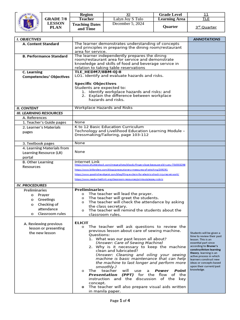 Grade 7/8 TLE Lesson on Hazards & Risks | PDF