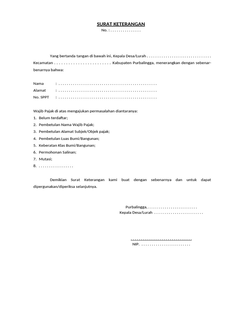 Surat Keterangan Wajib Pajak Purbalingga | PDF