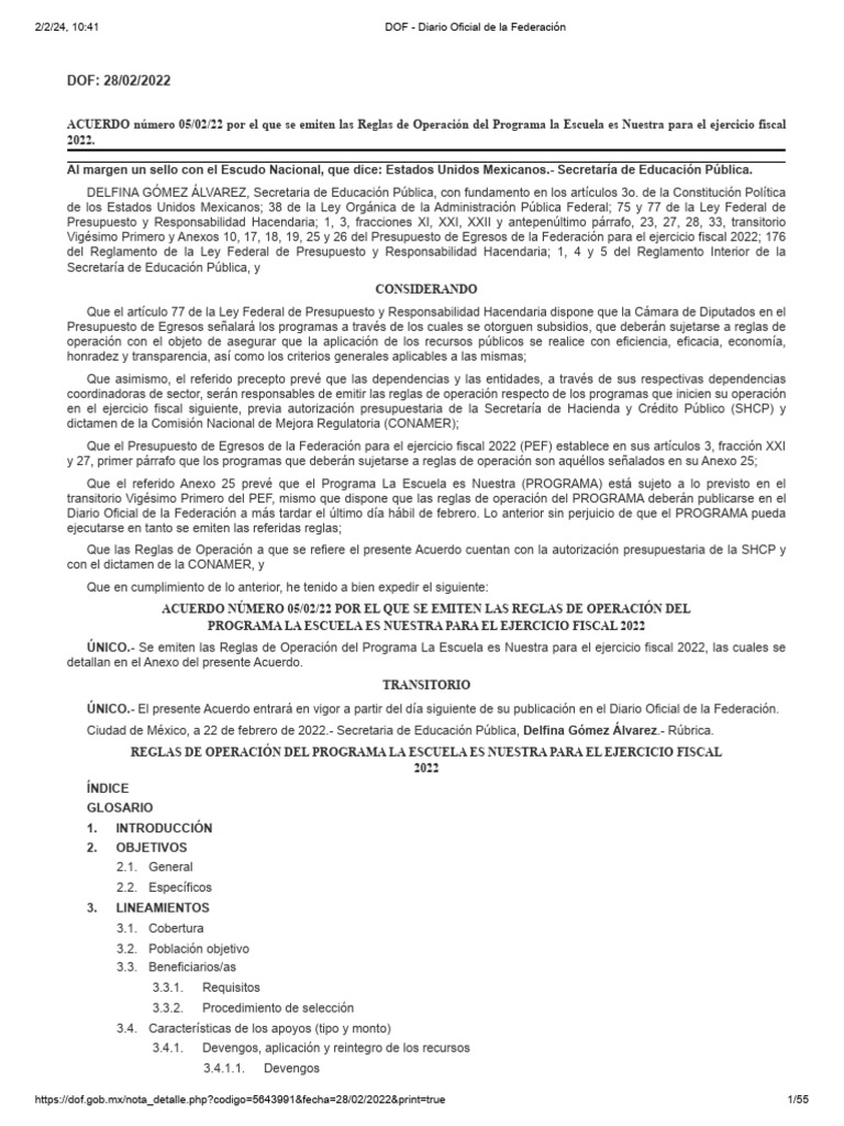 Acuerdo 05-02-2022 Por El Que Se Emiten Las Reglas de Operacion Del Programa La Escuela Es ...