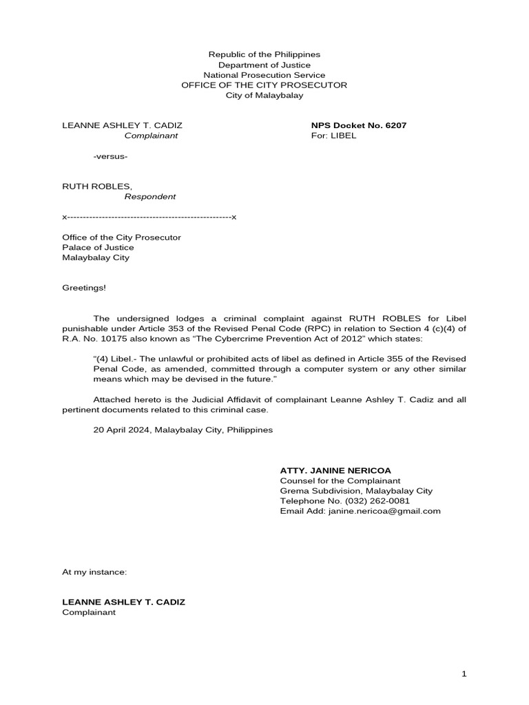 Complaint for Libel | PDF | Defamation | Perjury