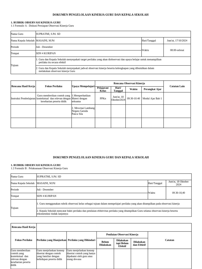 Edi Efendi - Form Observasi Guru SDN 4 Kuripan Januari-Juni | PDF