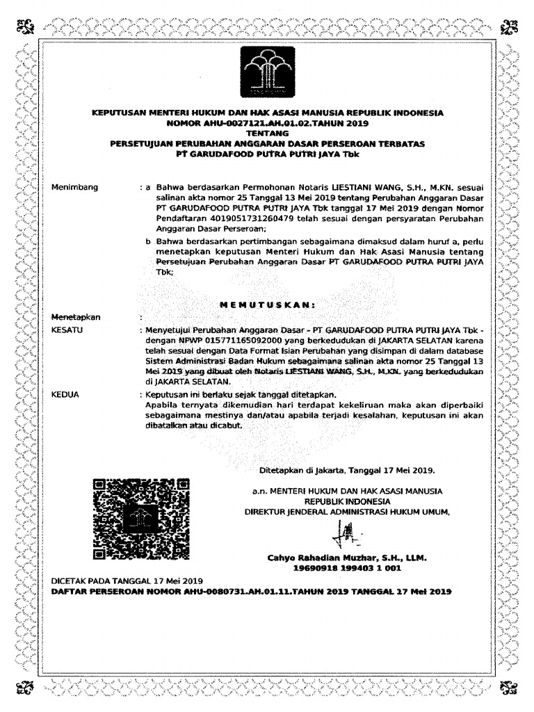 Sk Menkumham Akta No. 25 Tanggal 13 Mei 2019 | PDF