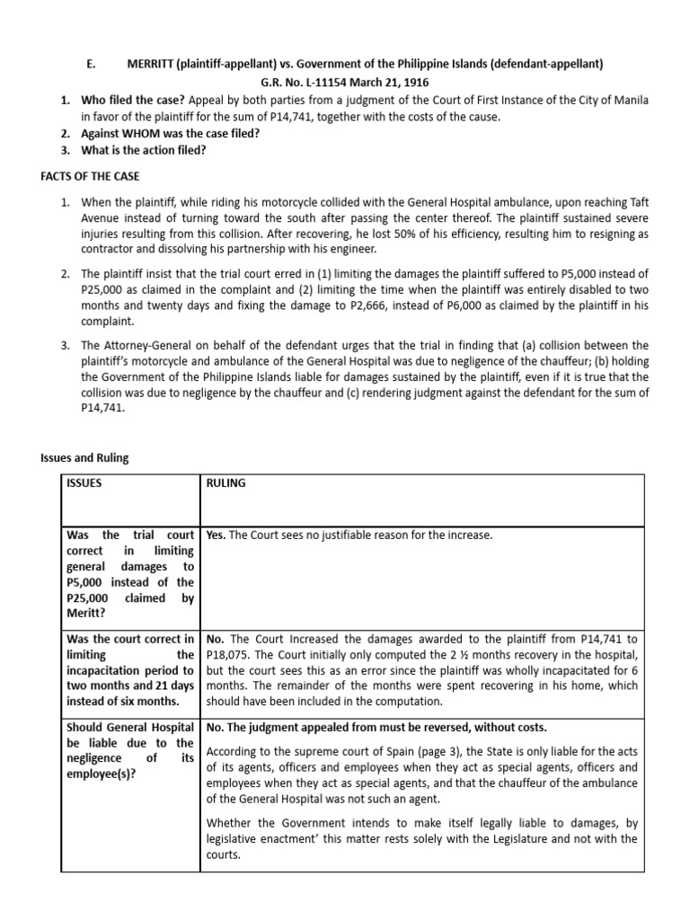 C8. G.R. No. L-1154 Case Digest | PDF | Legal Liability | Damages