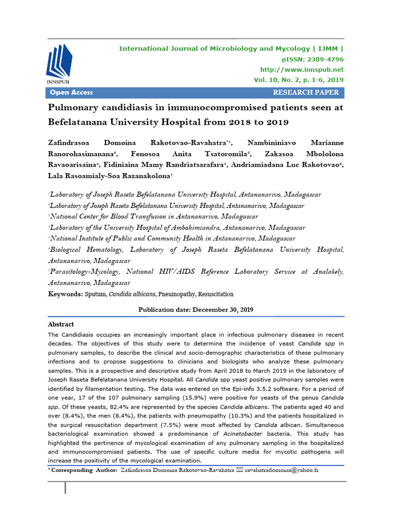 Pulmonary Candidiasis in Immunocompromised Patients Seen at ...
