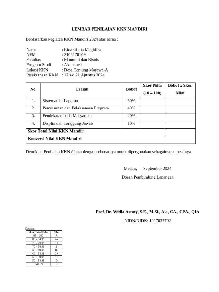 Lembar Penilaian KKN Mandiri | PDF