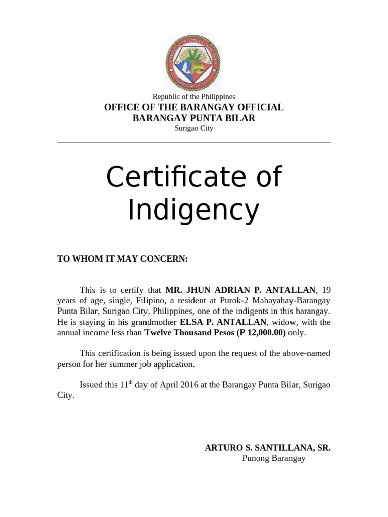 Certificate of Indigency | PDF