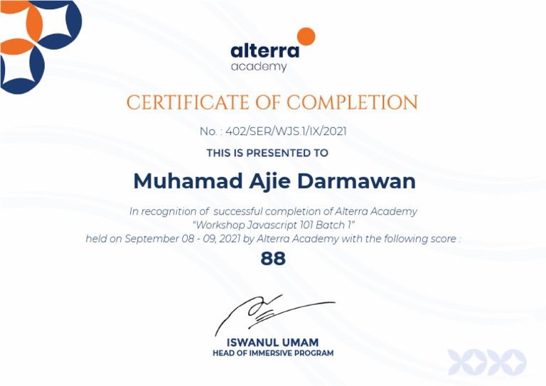E-Certificate Javascript 101 - Muhamad Ajie Darmawan | PDF E-Certificate Javascript 101 - Muhamad Ajie Darmawan | PDF