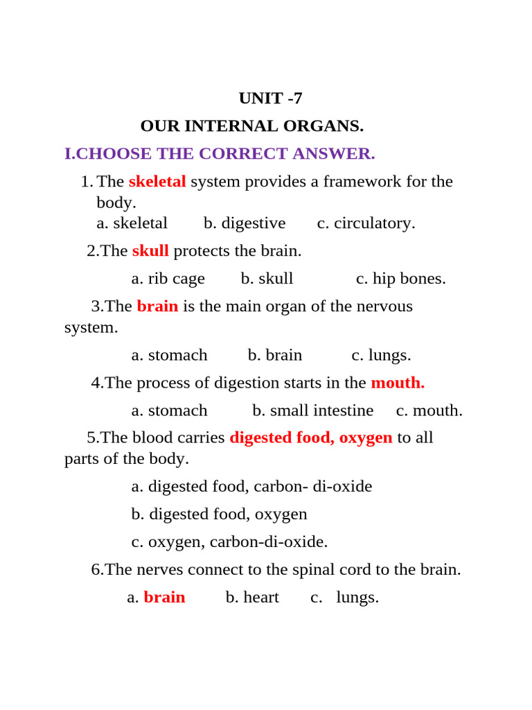 5th STD Unit 7 - Our Internal Organs Notes | PDF | Digestion | Breathing