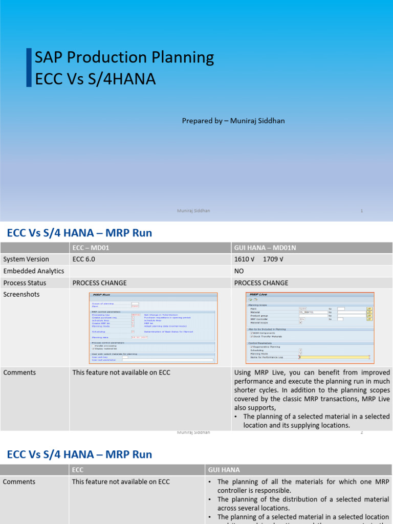 SAP Production Planning - ECC Vs S4HANA | PDF | Analytics | Software