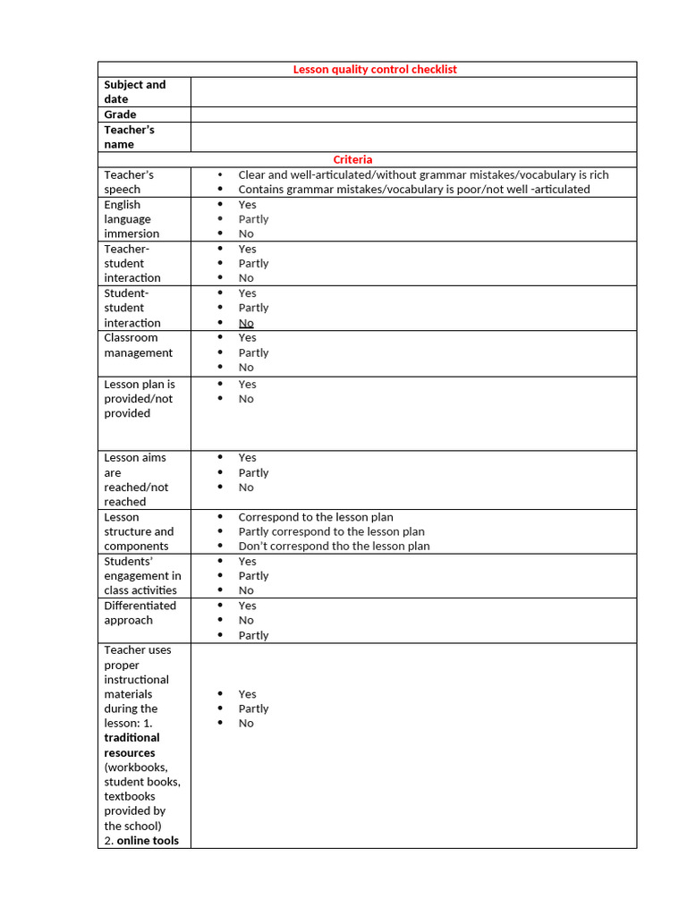 lesson quality control checklist | PDF