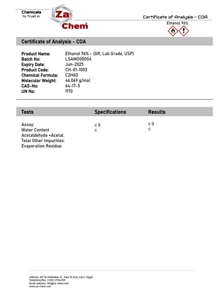 Coa Ethanol 96% | PDF
