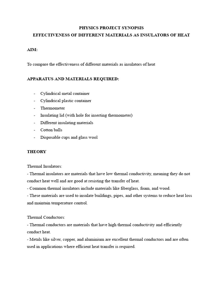 Physics Project Synopsis | PDF | Thermal Insulation | Heat Transfer