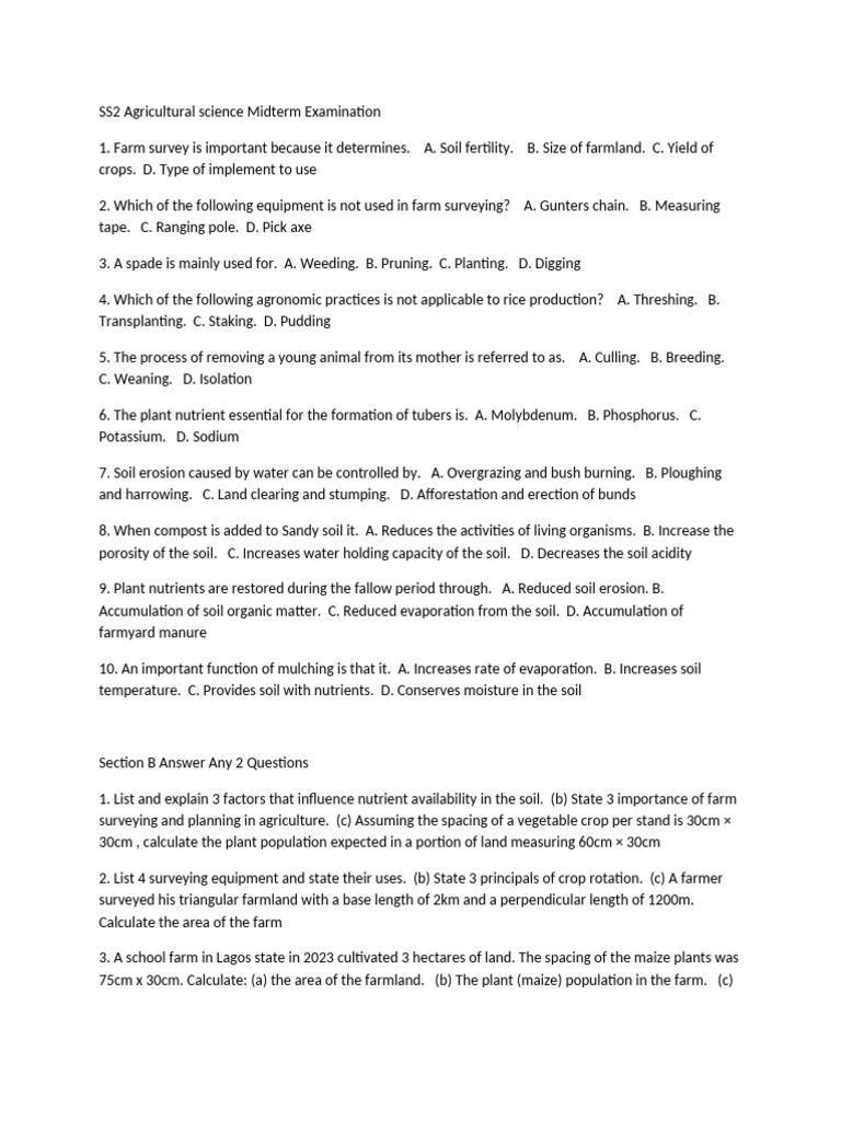 SS2 Agriculture Midterm Exam Questions | PDF | Soil | Agriculture