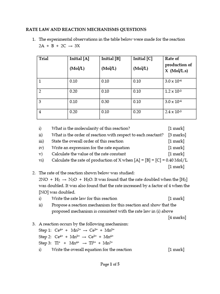 Rate Law and Reaction Mechanisms Worksheet | PDF | Reaction Rate ...