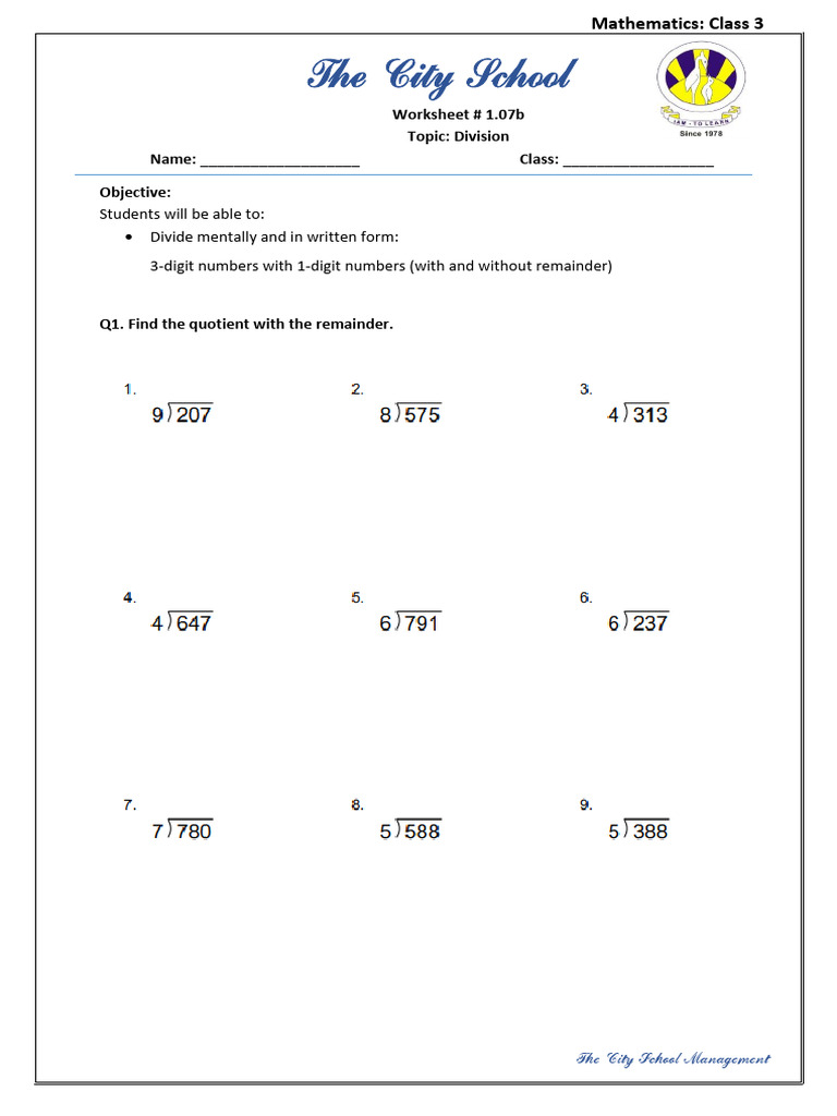 Class 3 Division Worksheet | PDF