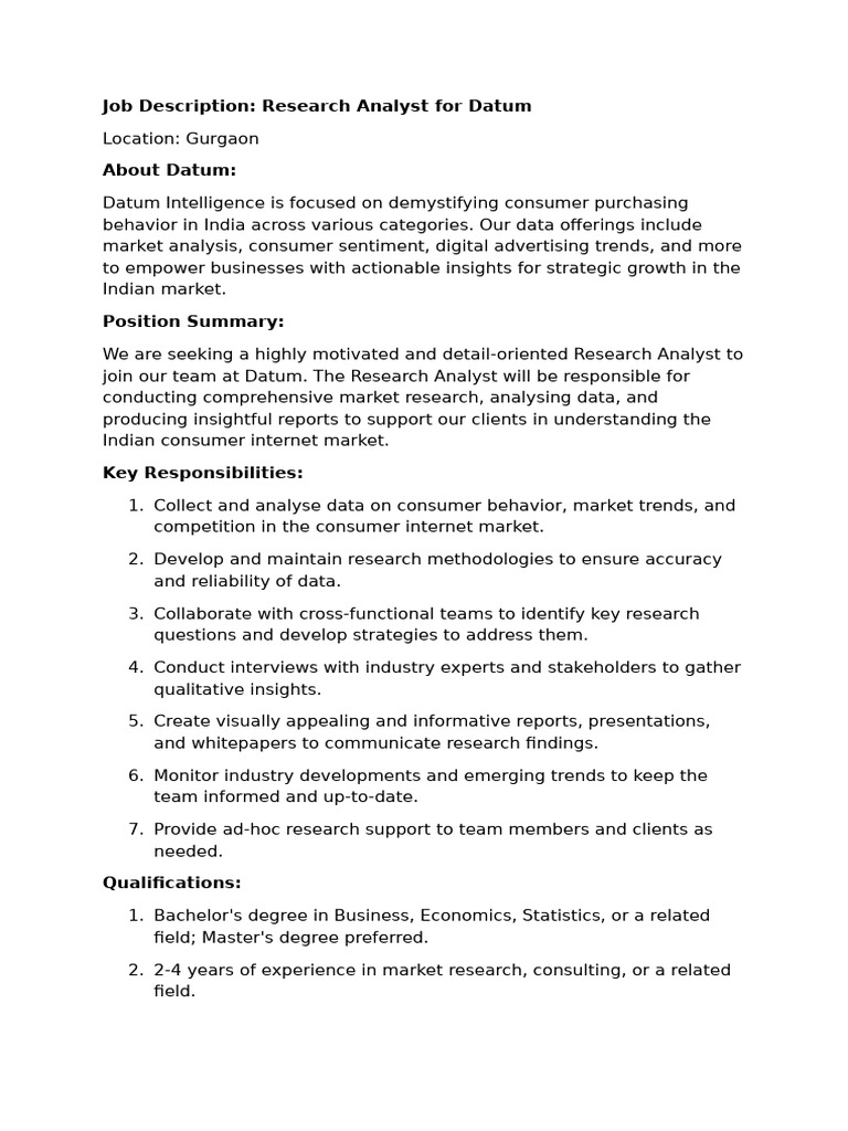 Research Analyst Role at Datum | PDF | Data | Marketing Research