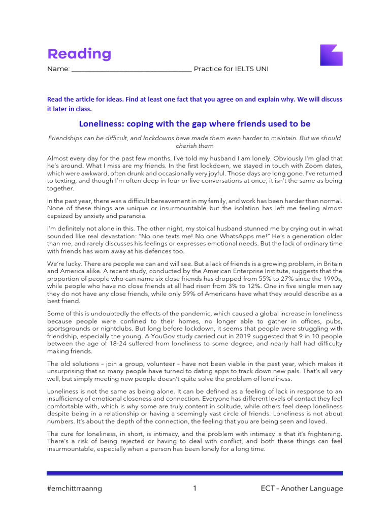 Reading-Loneliness | PDF | Loneliness | Friendship