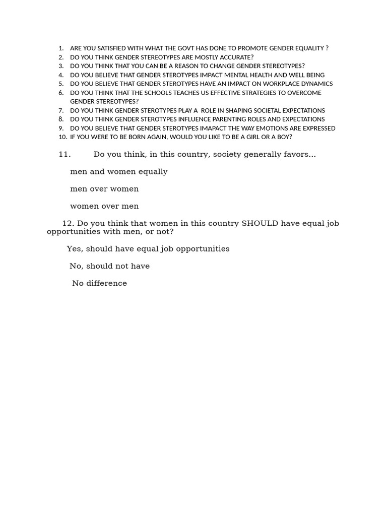 Gender Stereotypes Questions | PDF