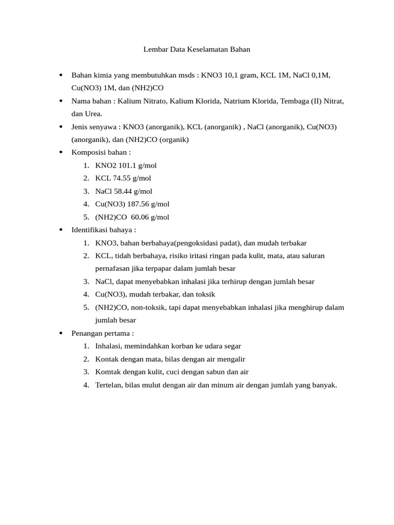 MSDS Bahan Kimia: KNO3, KCL, NaCl, Cu(NO3), Urea | PDF