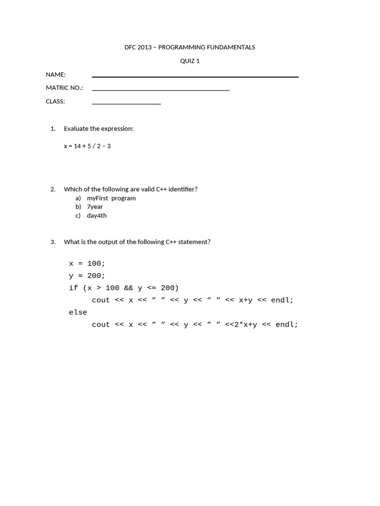 Quiz 1 C Programming Pdf 1877