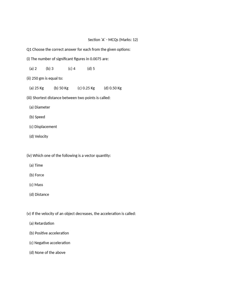 Physics MCQs and Short Questions | PDF | Acceleration | Force