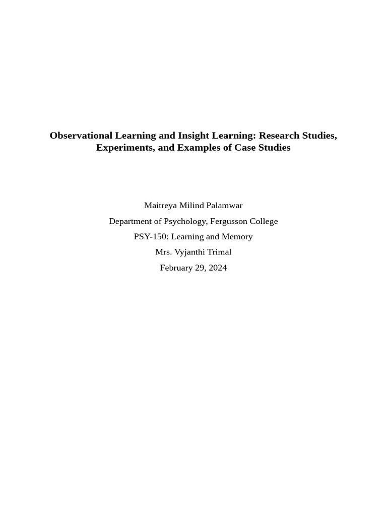 Observational and Insight Learning Studies | PDF | Insight | Imitation