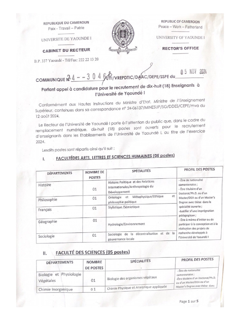 Recrutement enseignants UY1 Nov 2024_241201_153456 | PDF