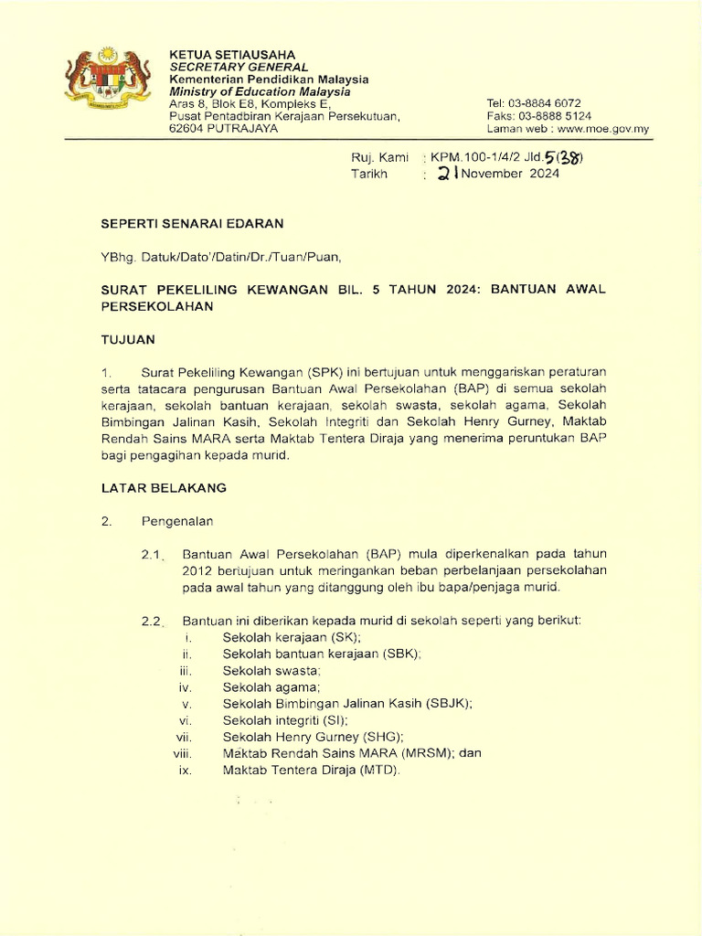 LAMPIRAN 2_SURAT PEKELILING KEWANGAN BIL.5 TAHUN 2024_BANTUAN AWAL PERSEKOLAHAN | PDF