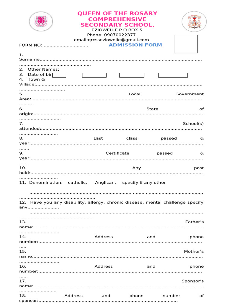 Admission Form for Queen of the Rosary School | PDF