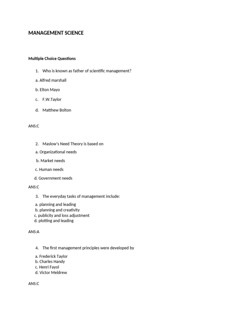 Management Science MCQs Guide | PDF | Performance Appraisal | Business